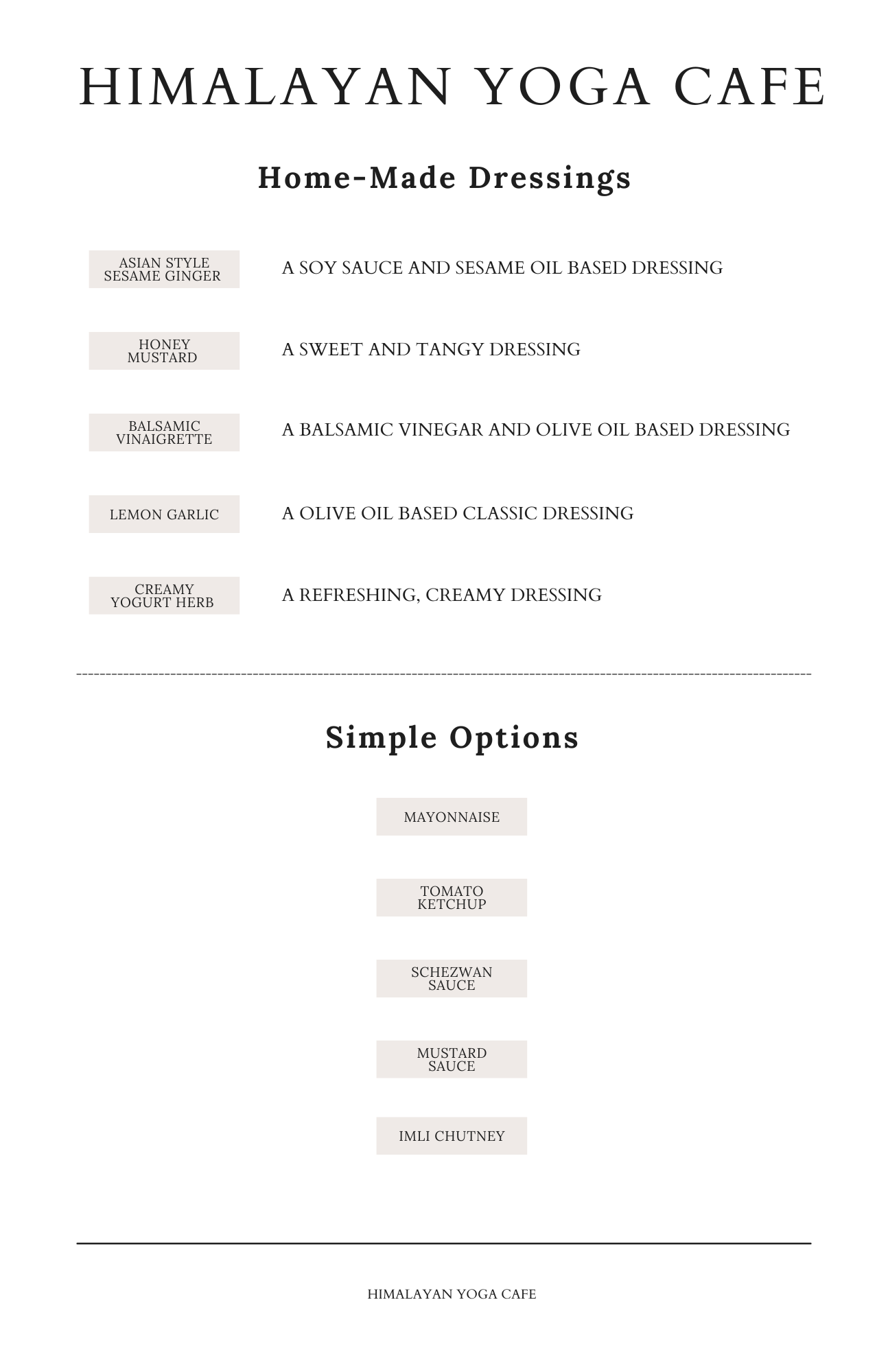 Himalayan Yoga Cafe Menu in Rishikesh India