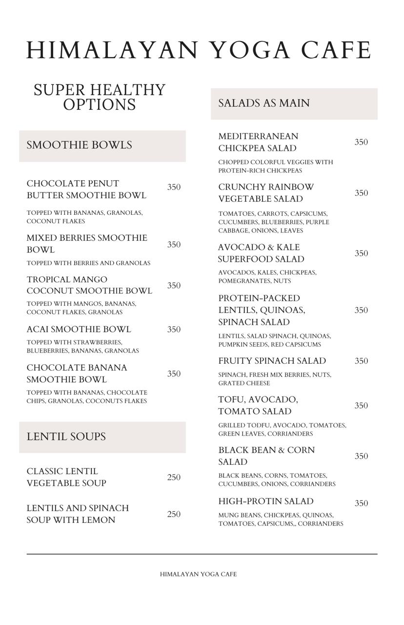 Himalayan Yoga Cafe Menu in Rishikesh India
